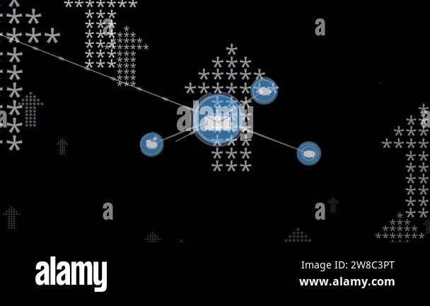 Animation of network of connections with email icons over arrows on black background. global ...