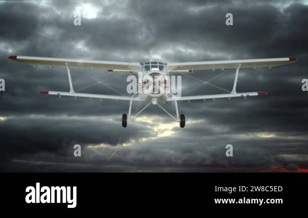 The antonov An-2 bi-plane fly in bad weather. Old white retro plane ...