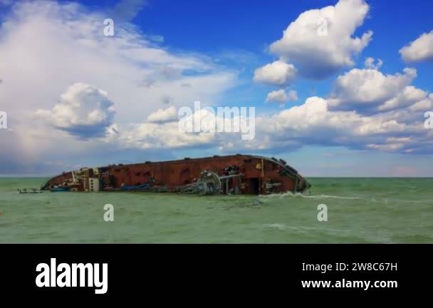 sunken tanker ship in the sea, ecological disaster, shipwreck time ...