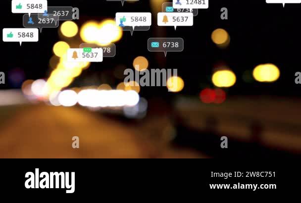 Animation of social media icons and numbers over road traffic and ...
