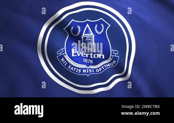 Flying flag with Everton FC football club logo, close up. Motion ...