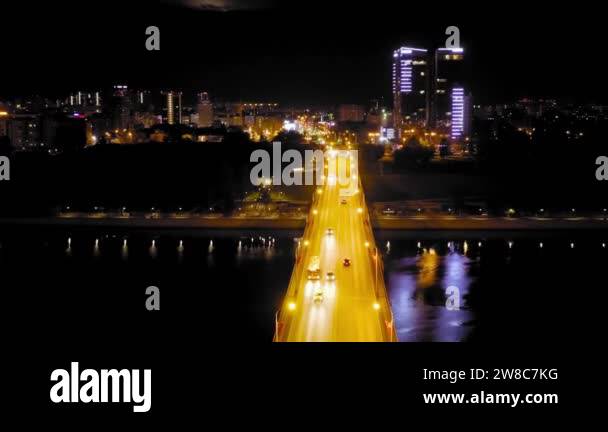 Perm, Russia. Night flight. Bridge over the Kama river - Komunalny ...