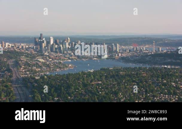 Seattle, Washington circa-2019. Aerial view of downtown Seattle. Shot ...