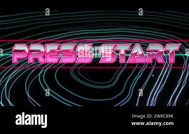 Animation of press start text over blue map of lines on black ...