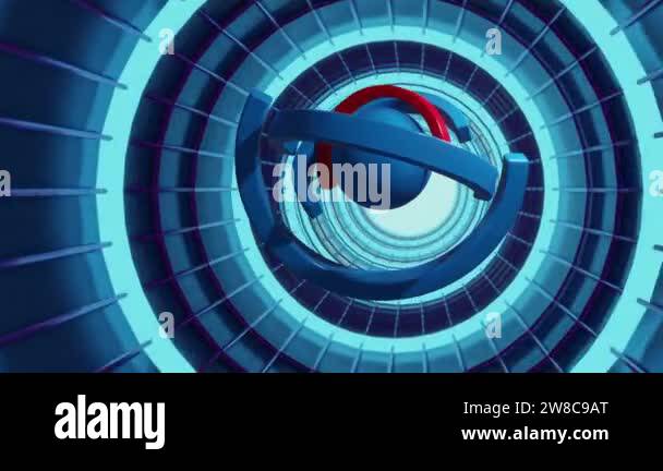 Flying through futuristic sci fi tunnel. Abstract sphere and rotating rings around it. Abstract ...
