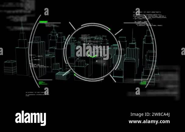 Animation of scan scope over 3d cityscape drawing. global connections, data processing and ...