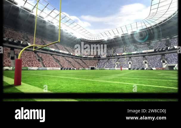 Animation of scanner processing and glitching frame over american football pitch at stadium ...