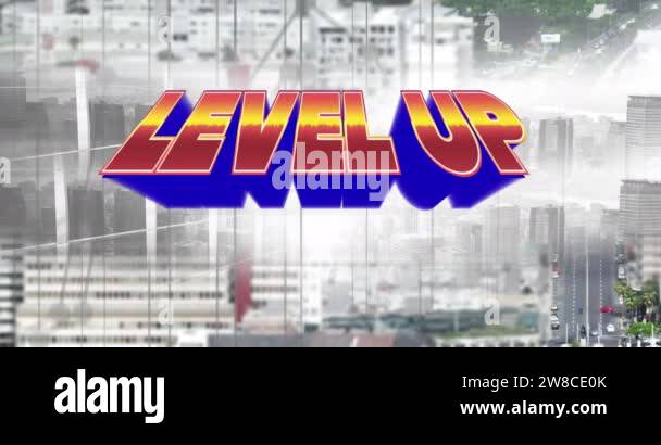 Animation of level up text in red letters over cityscape background ...