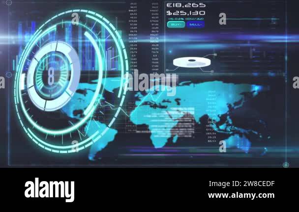 Animation Of Countdown With Scope Scanning And Data Processing And World Map On Screen Global