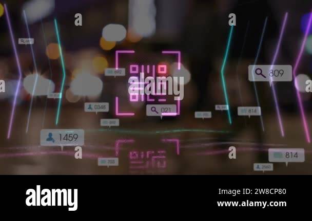 Animation of qr code over social media icons. global digital security ...