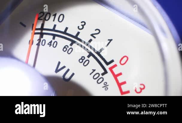 detailed extreme close-up, moving arrow of analog VU meter scale Stock ...