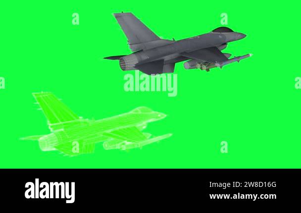 Military plane F-16 , rotate animation , wireframe render. green screen ...