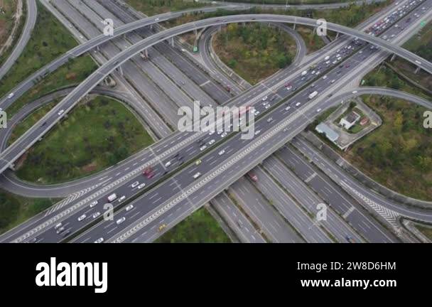 Top down aerial view from drone on modern traffic junction of multiple ...