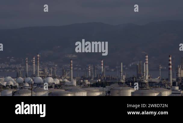 Oil refinery plant from industry zone, Aerial front view oil and gas ...