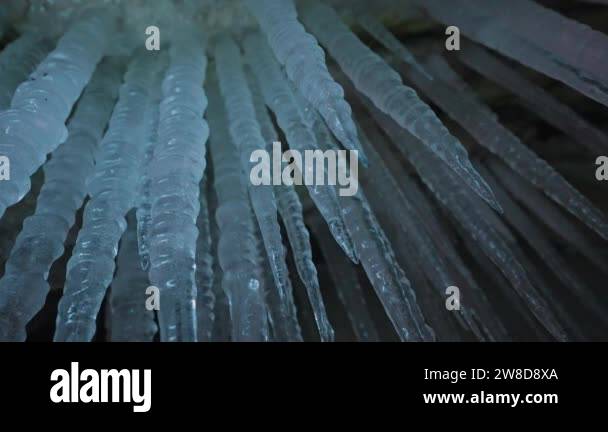 Long tapering white icicles with sharp edges hang on ceiling inside ice ...