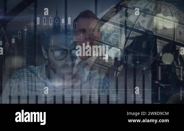 Animation of businessmen and interfaces over city, dollar globe and data processing. global ...