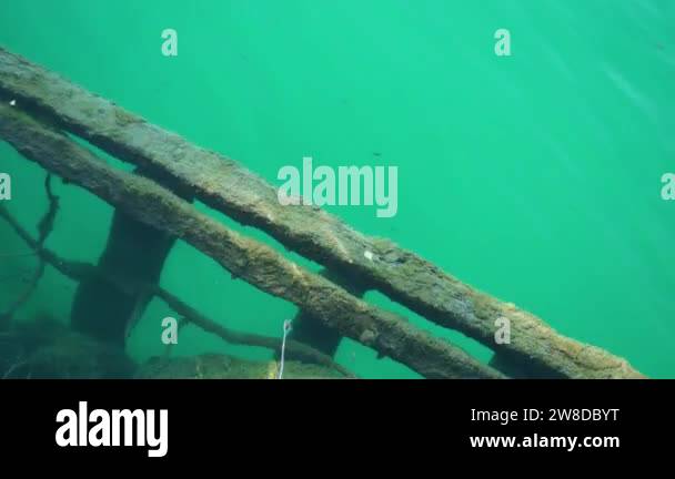 Parts of old wooden fence drowned underwater in Bled lake Stock Video ...