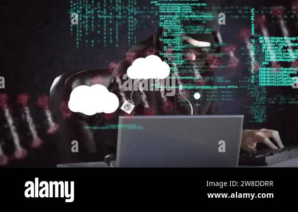 Animation of clouds with icons over dna strand, hacker using laptop and data processing. global ...