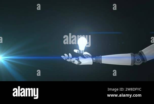 Animation of illuminated light bulb over hand of robot arm, with moving ...