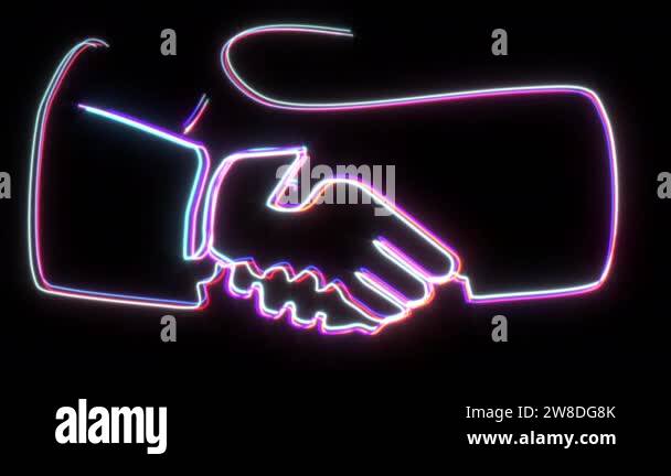 Handshake sign animation, greeting. Neon lines draw a handshake icon on ...