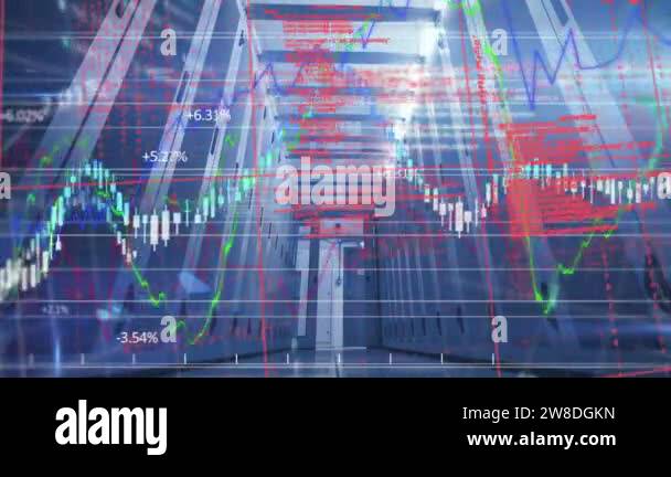 Animation of data processing and diagrams over server room. global ...