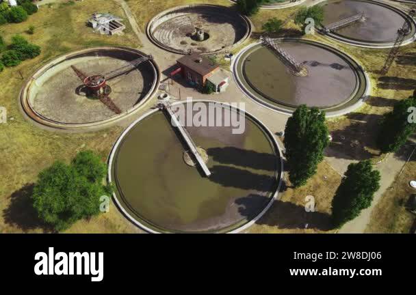 Sewage treatment plant. Sedimentation round basin or clarifier in ...