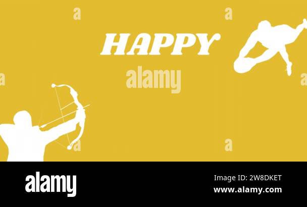 Animation of happy hobby month text in white with silhouettes of people ...