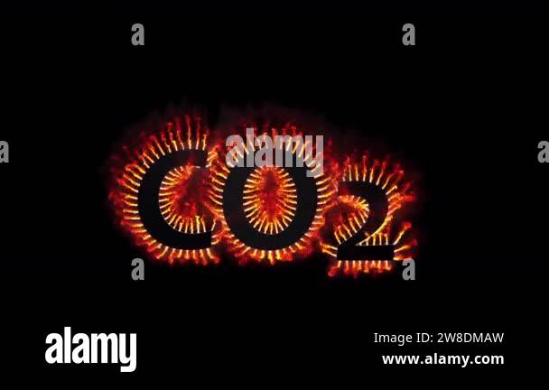 CO2 emissions, ecology concept. CO2 text in fire on black background. Flames of fire going out ...