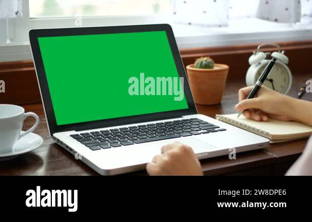 4K. close-up woman working with laptop computer, using finger with ...