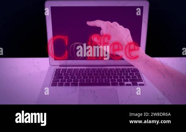 Animation of coffee text in red and networks over hand pointing to ...