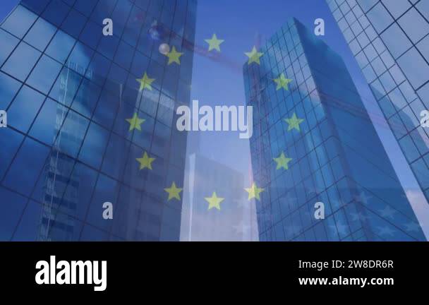 Animation of flag of european union over fast motion crane with high ...