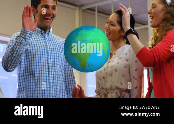 Animation of globe over work colleagues high fiving in background ...