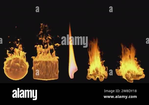 Simulation animation fire candles, bonfire, fireball and cube on a ...