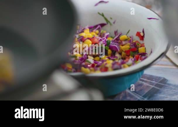 Cooking process vegan tacos. Female hands putting stuffing in vegan ...