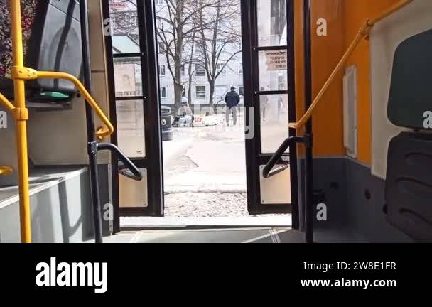 Public bus doors. Closing doors on city bus. Automatic doors in public ...