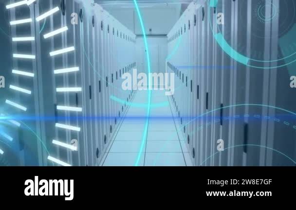 Animation of 5g text with scopes scanning over computer servers. global connections, digital ...