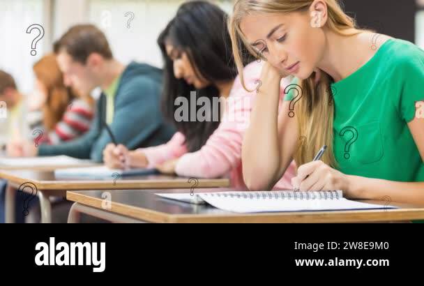 Animation of question marks over diverse teenage students writing in ...