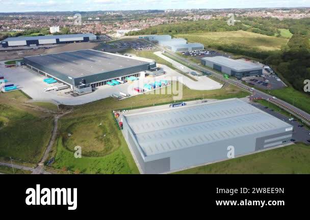 Aerial drone footage of the the Amazon distribution centre in the town ...