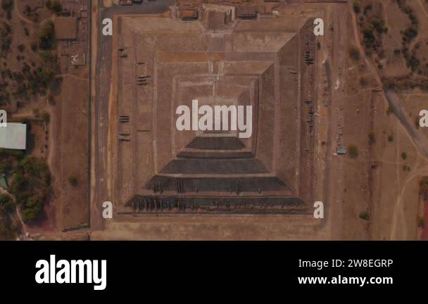 Aerial birds eye overhead top down ascending view of Pyramid of the Sun ...