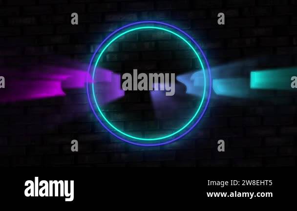 Animation of coming soon text over neon circles on black background ...