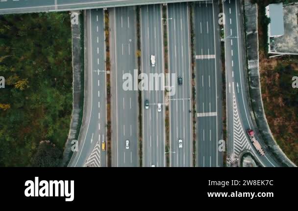 Top down aerial view from drone on modern traffic junction of multiple ...