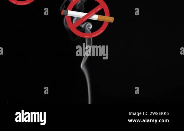 Animation of smoking forbidden signs with lit cigarettes on black ...