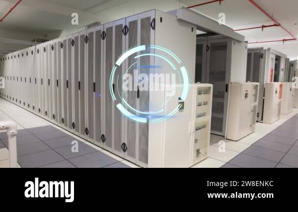 Animation of scope scanning over server room. global connections, technology, data processing ...