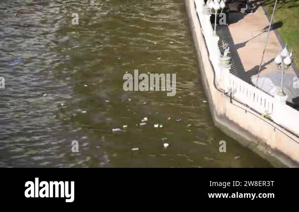 Waste, trash and garbage floated on a polluted river Plastic bottles ...
