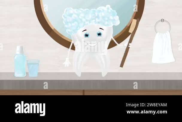an animation of a happy tooth brushing itself with a tooth brush i 4k ...