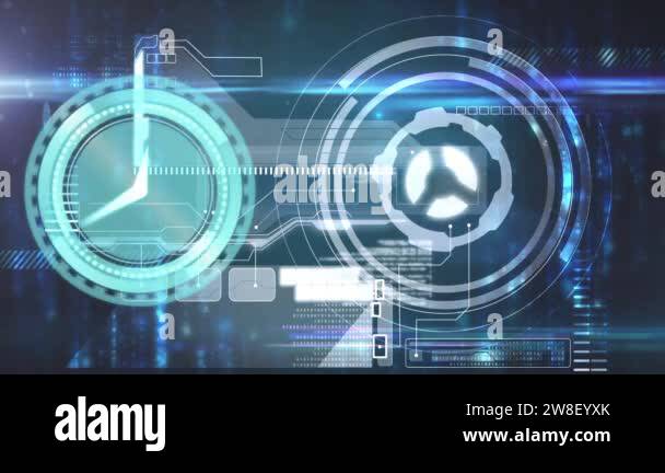 Animation of clock moving fast with scope scanning and data processing on screen. global ...