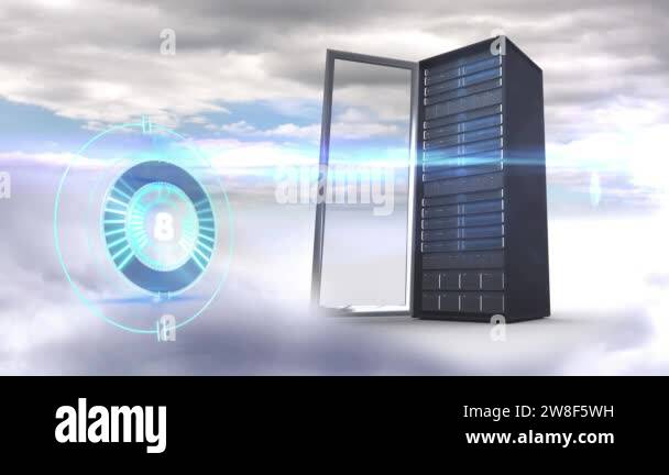 Animation of scope scanning with countdown over computer server. global data processing ...