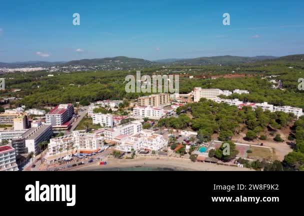 Aerial footage of the beautiful town of Ibiza in Spain showing the ...