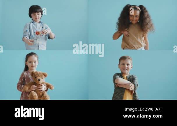 Split screen portraits of cute kids posing for camera against blue ...