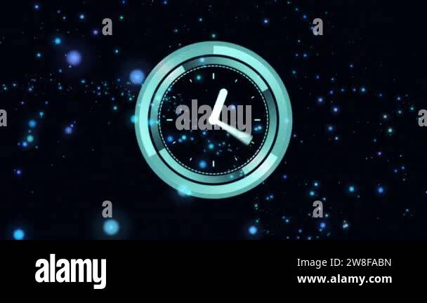 Animation of clock moving over glowing spots on black background. global digital interface, data ...